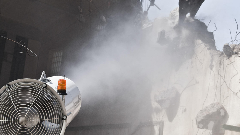 demolition dust control with water mist and turbine