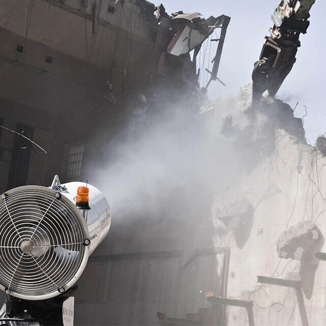 demolition dust control with water mist and turbine